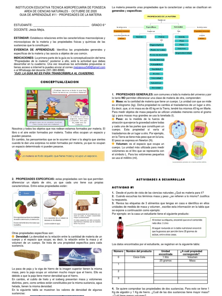 Propiedades de la Materia: Guía 6° | PDF | Importar | Volumen