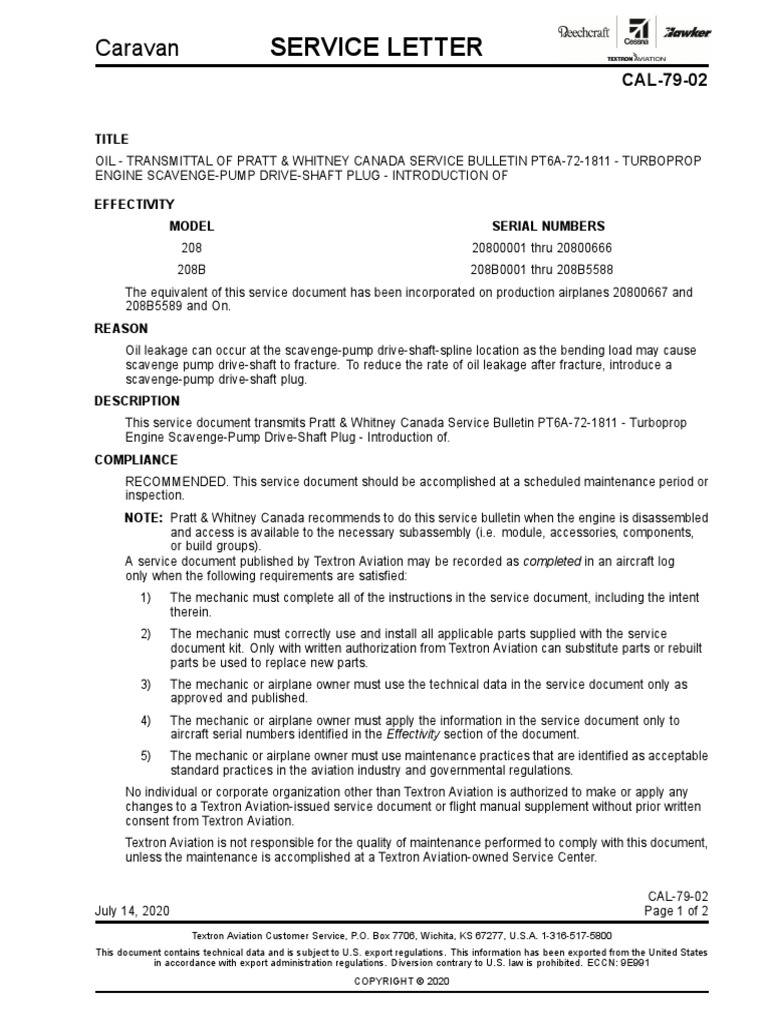 Service Letter Cessna (CAL-79-02) | PDF | Cessna | Airplane