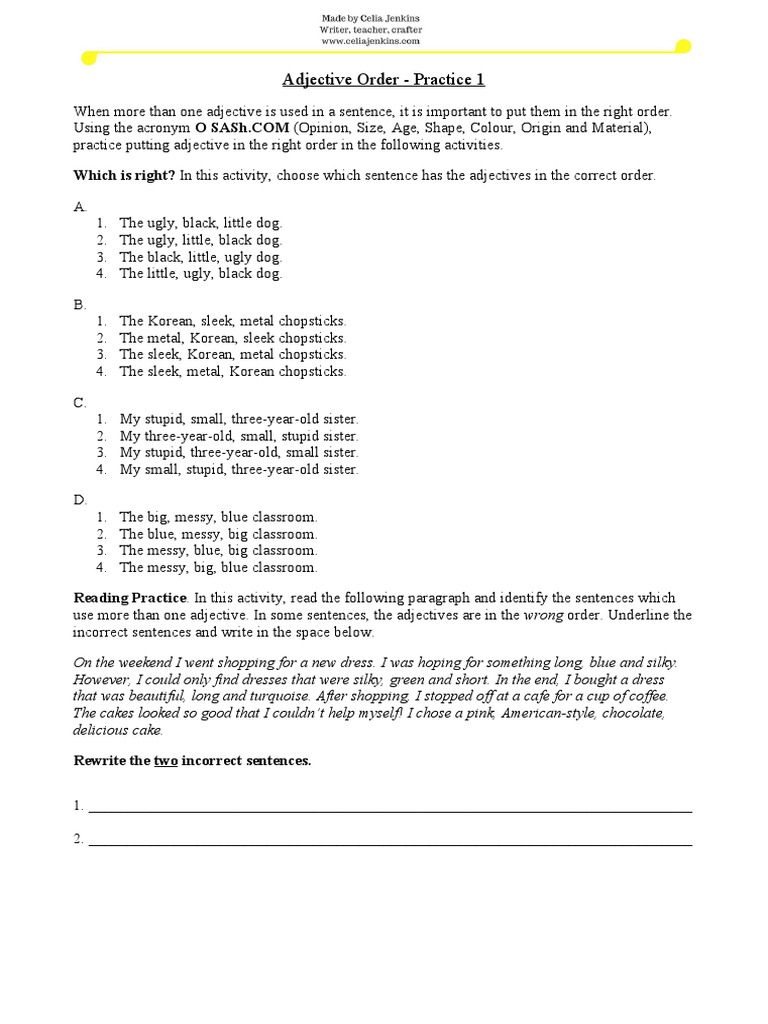 Adjective Order Practice Activities | PDF | Language Arts & Discipline
