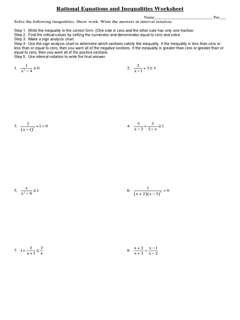 Rational Equations & Inequalities Practice | PDF | Inequality ...