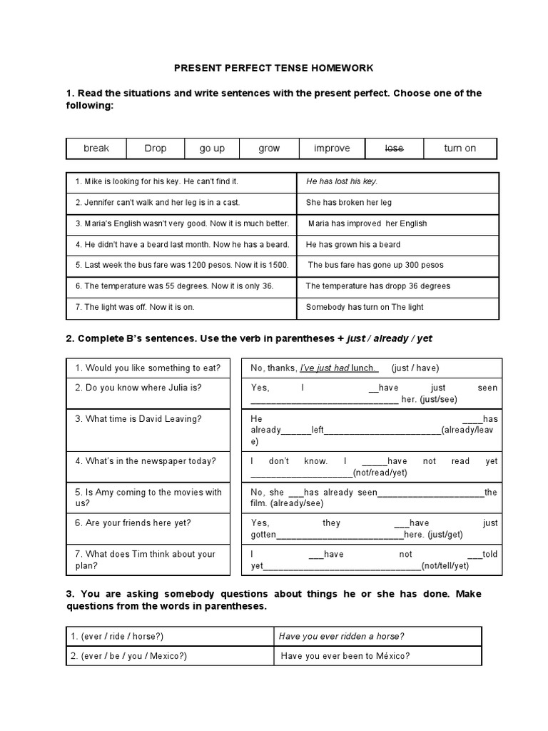 HOMEWORK 1 - PRESENT PERFECT TENSE Hecho | PDF | Linguistics ...