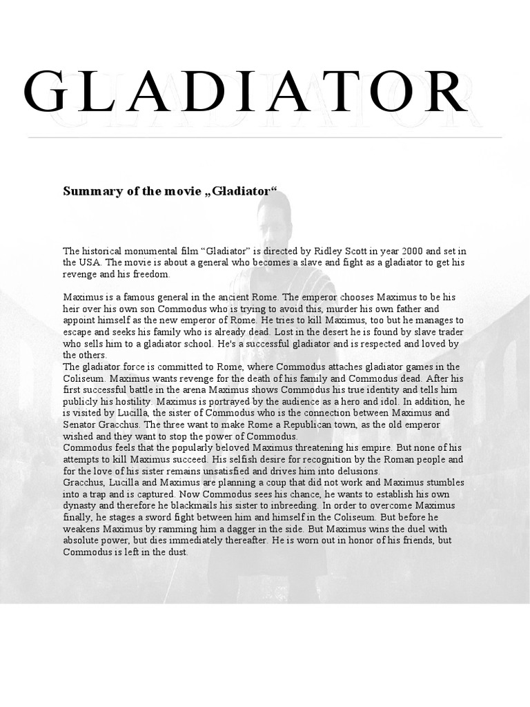 Gladiator: Summary of The Movie Gladiator" | PDF