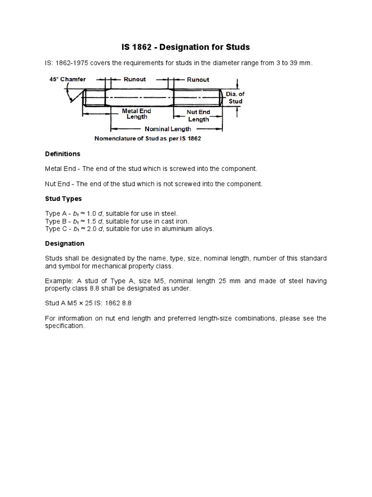 IS 1862 - Designation For Studs | PDF