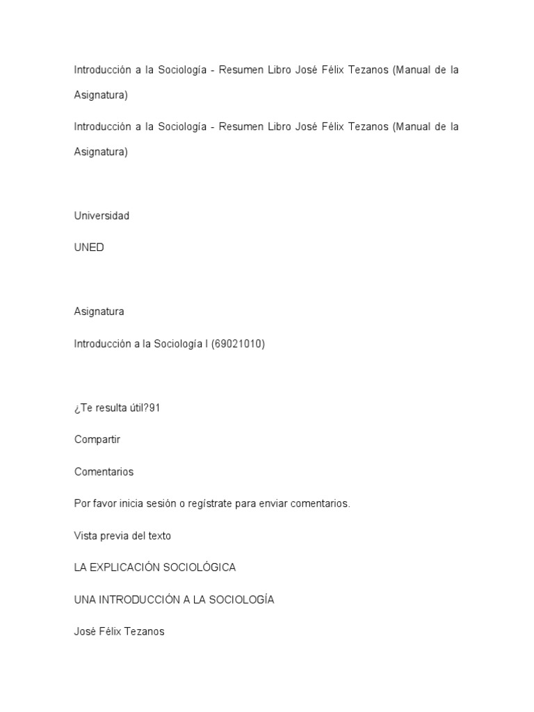 Introducción A La Sociología - Resumen Libro José Félix Tezanos (Manual de La Asignatura) | PDF ...