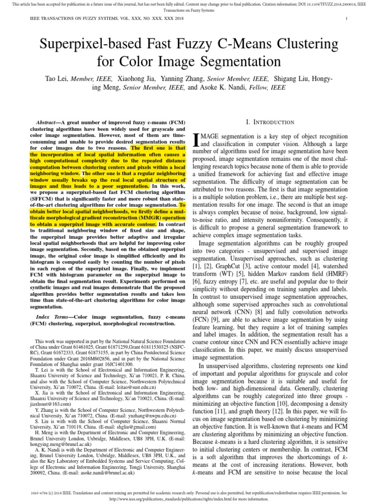 Superpixel-Based Fast Fuzzy C-Means Clustering For Color Image Segmentation | PDF | Image ...