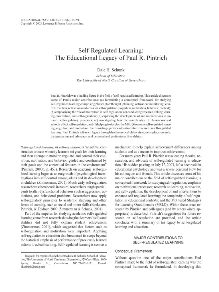 Schunk - Aprendizaje Autorregulado Legacy of Pintrich PDF | PDF ...