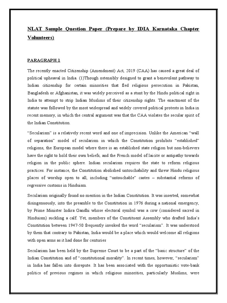 NLAT Sample Question Paper Analysis | PDF | Bharatiya Janata Party ...