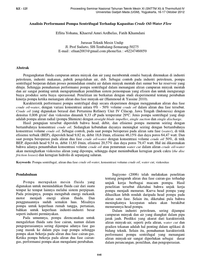 Analisis Performansi Pompa Sentrifugal Terhadap Kapasitas Crude Oil-Water Flow | PDF