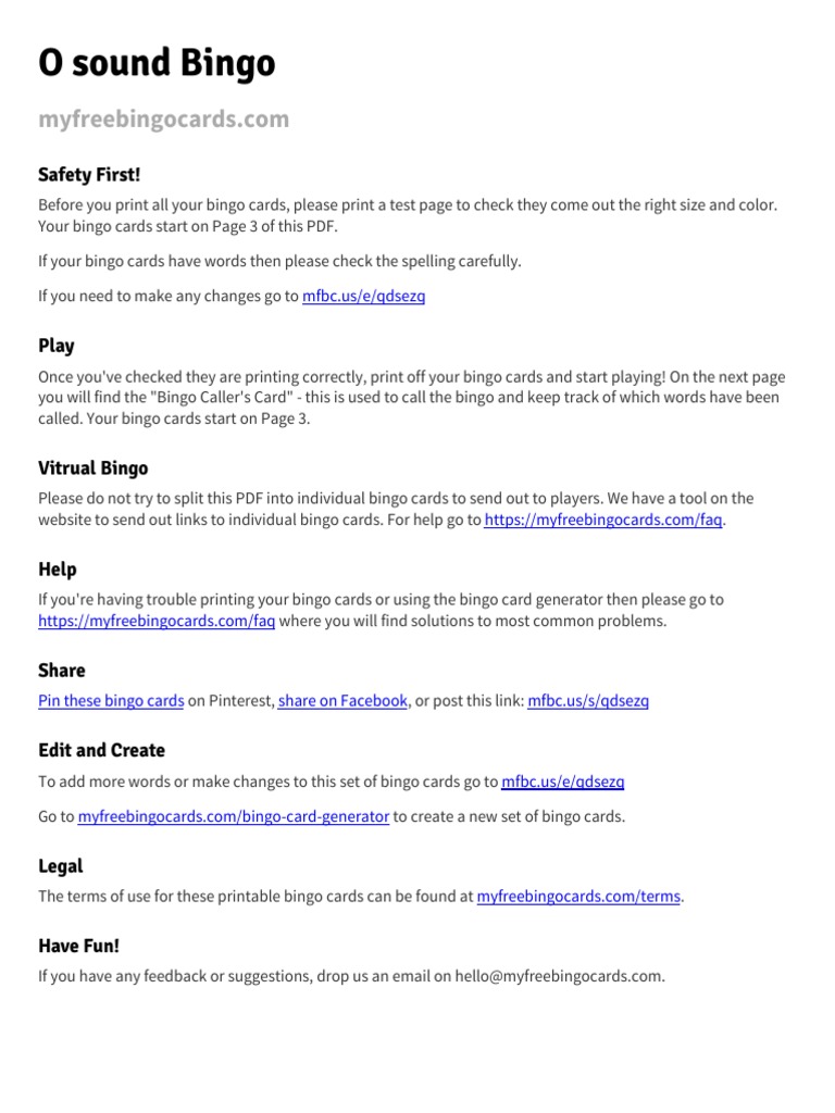 O Sound Bingo: Safety First! | PDF | Games & Activities