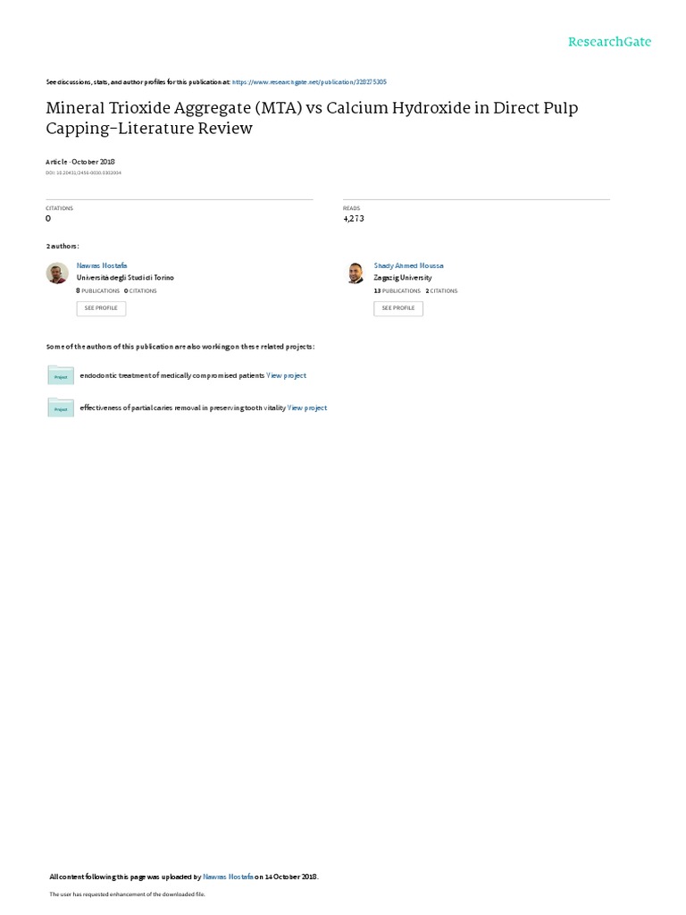 Mineral Trioxide Aggregate (MTA) Vs Calcium Hydroxide in Direct Pulp ...
