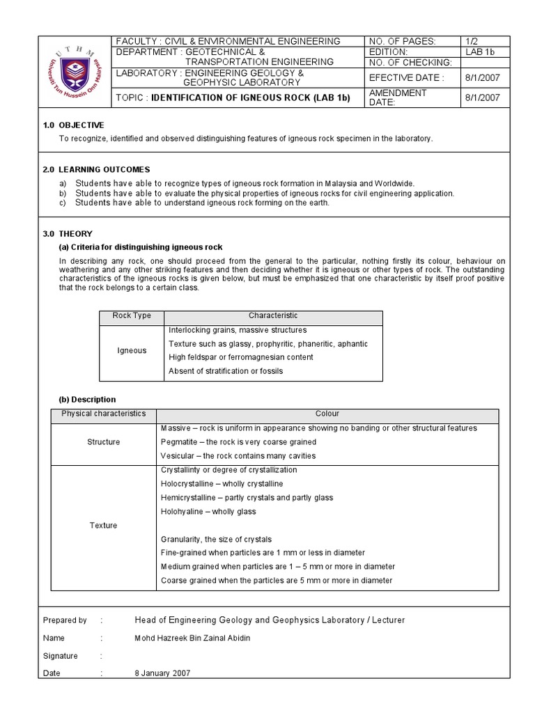 Laboratory 1B - Identification of Igneous Rocks (Answer) | PDF ...