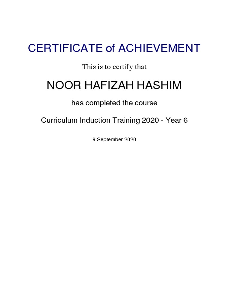 Certificate of Achievement for Noor Hafizah Hashim's Completion of the Curriculum Induction ...