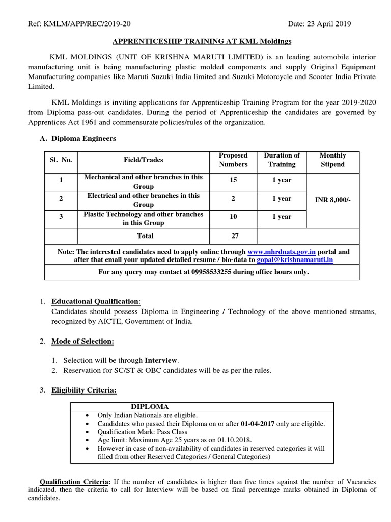 Apprenticeship Training at KML Moldings: WWW - Mhrdnats.gov - in Gopal ...