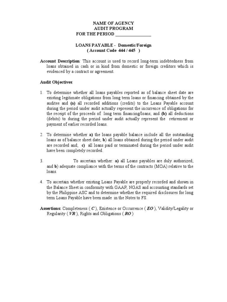 Audit Working Program - Loans Payable | PDF | Loans | Debits And Credits