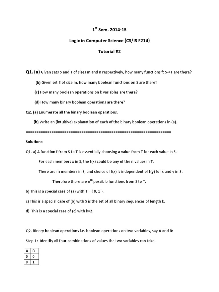 1 Sem. 2014-15 Logic in Computer Science (CS/IS F214) Tutorial #2 | PDF ...
