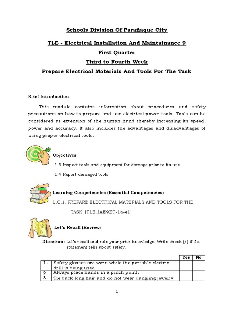 TLE-EIM Grade9 Module Quarter1 Week3and4 | PDF | Drill | Drilling