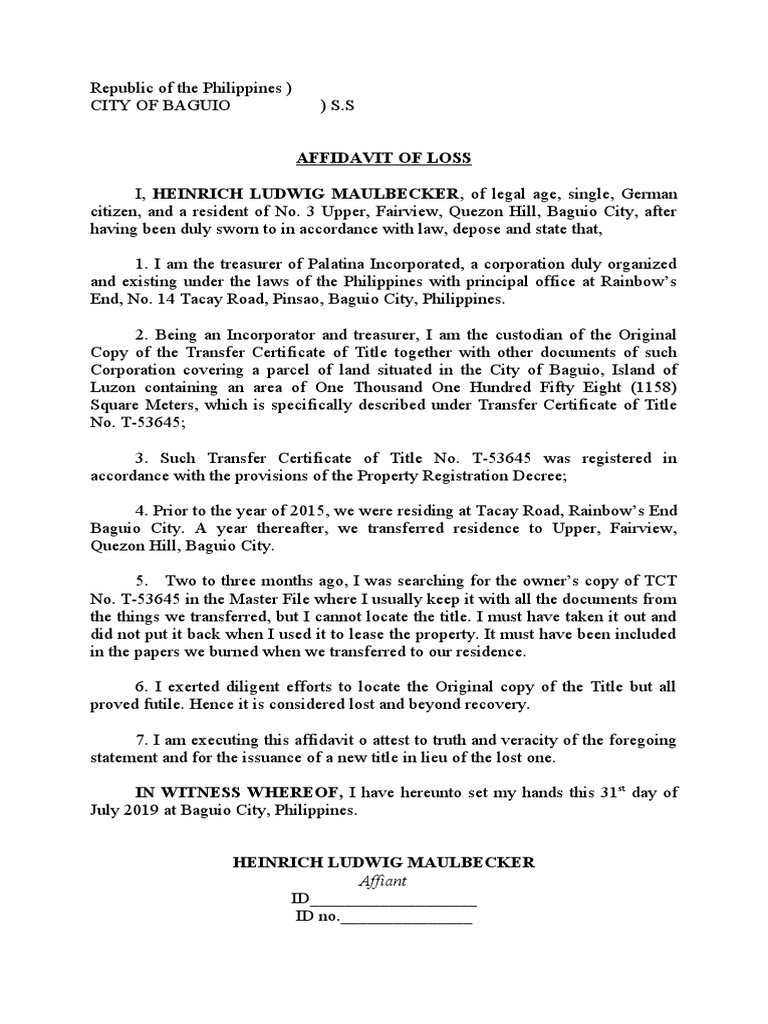 Affidavit of Loss for TCT No. T-53645 | PDF | Politics | Social Science