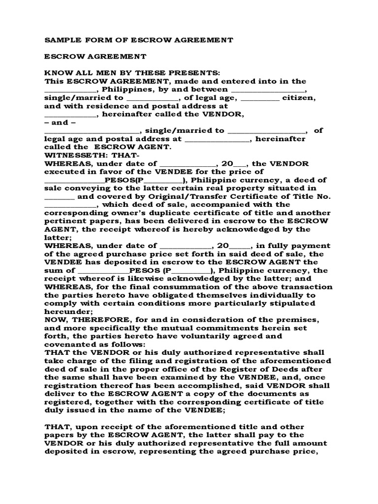 Form 0007-Escrow Agreement | PDF | Deed | Property Law