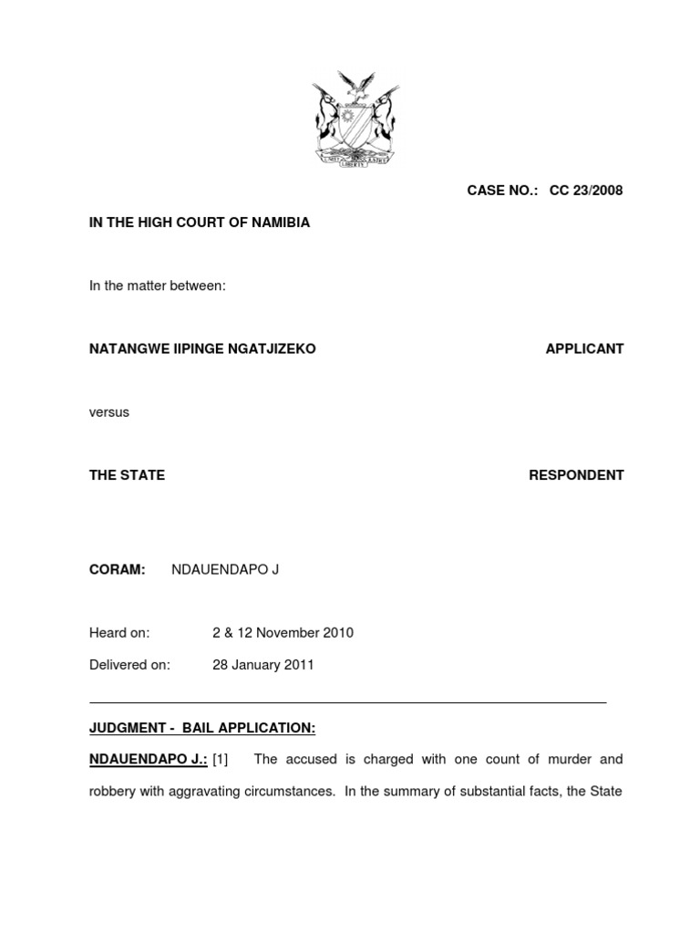 Natangwe I Ngatjizeko and The State | PDF | Bail | Psychosis