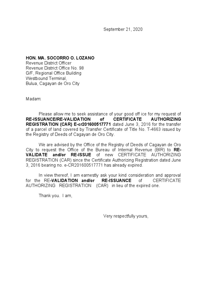 Letter Request Address To Bir - Dulci Maria Quidet | PDF