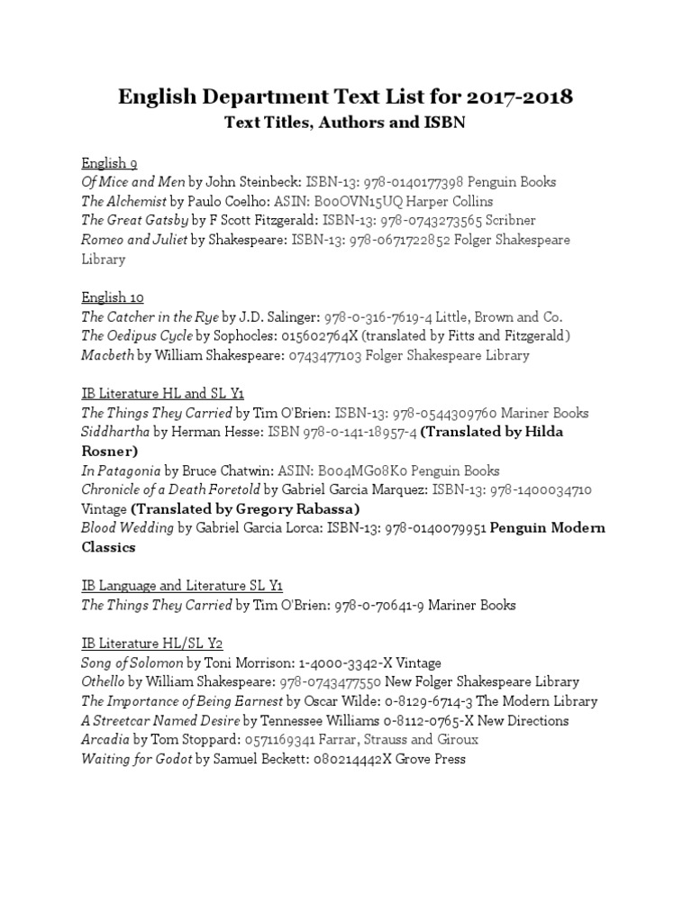 English Department Text List For 2017-2018: Text Titles, Authors and ...