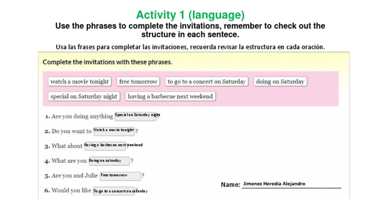 Activity 1 (Language) : Use The Phrases To Complete The Invitations ...