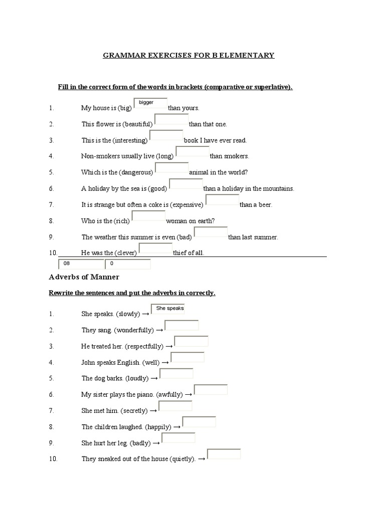 Grammar Exercises For B Elementary | PDF | Adverb | Adjective
