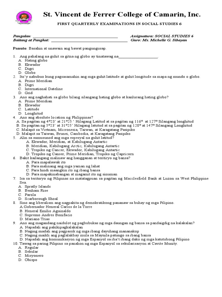 1QTR. Exam Social Studies 6 | PDF