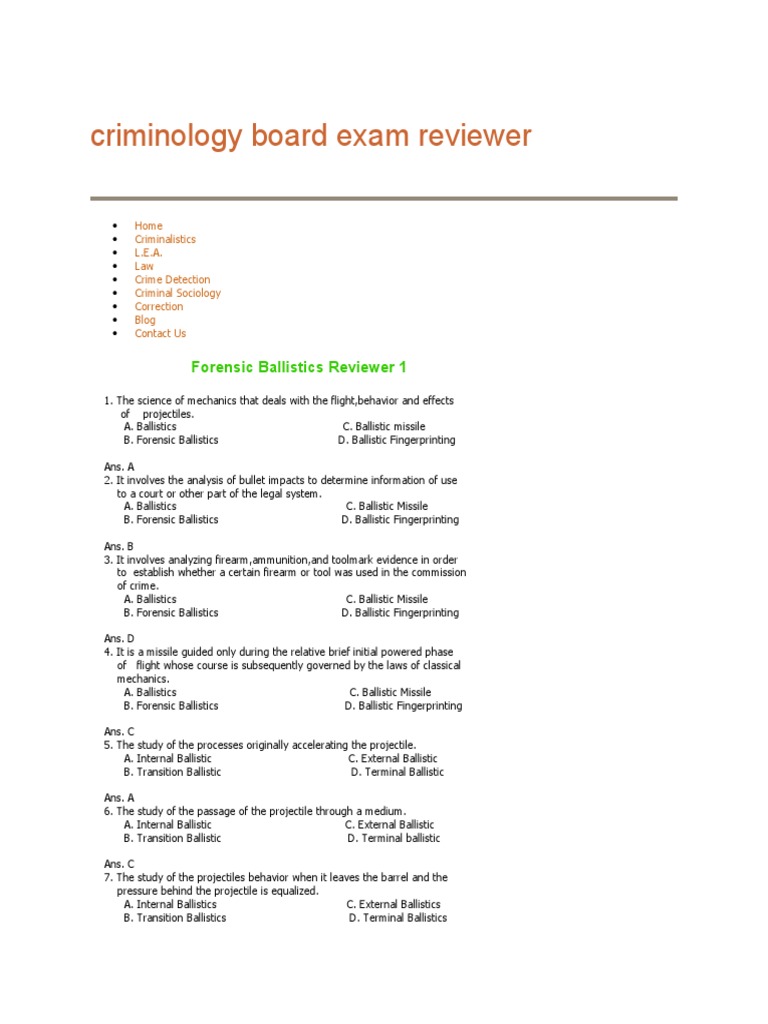 Criminology Board Exam Reviewer | PDF | Ballistics | Forensic Science