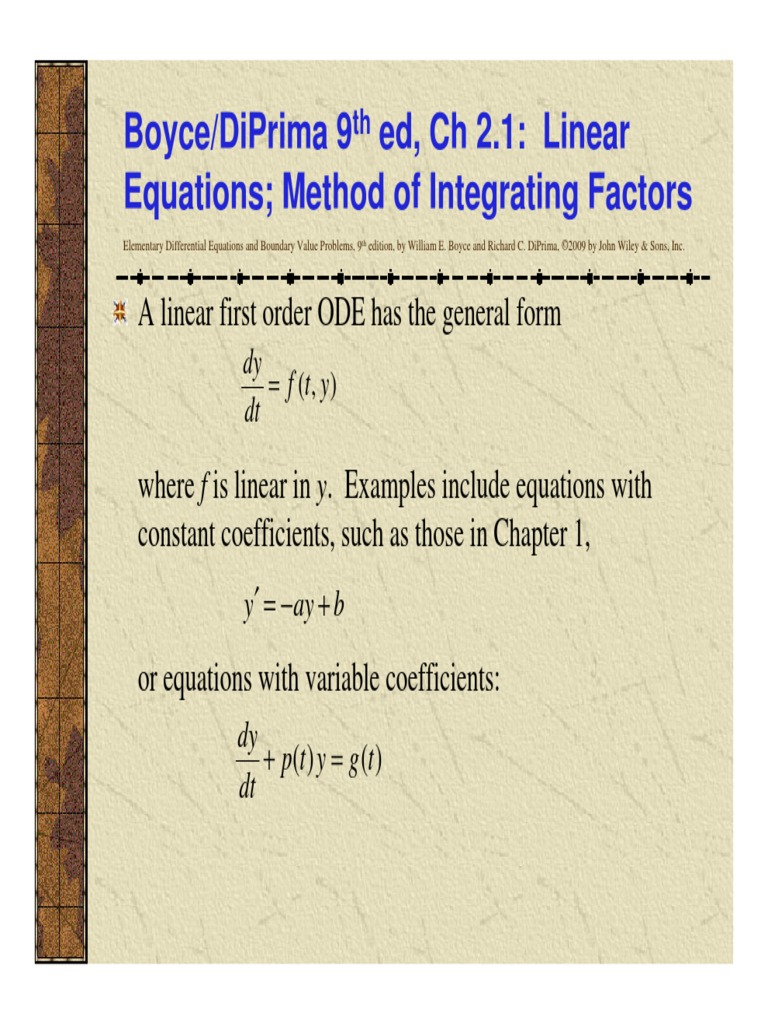 Boyce/Diprima 9 Ed, CH 2.1: Linear Equations Method of Integrating ...