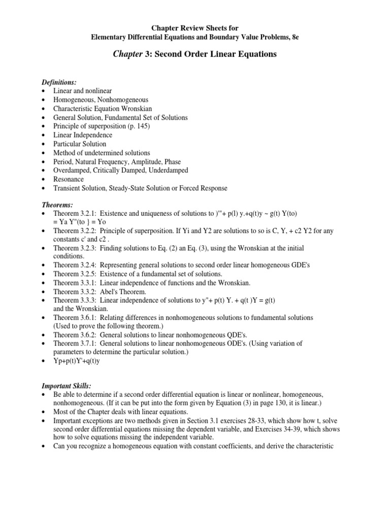 Chapter 3: Second Order Linear Equations: Definitions | PDF | Equations ...