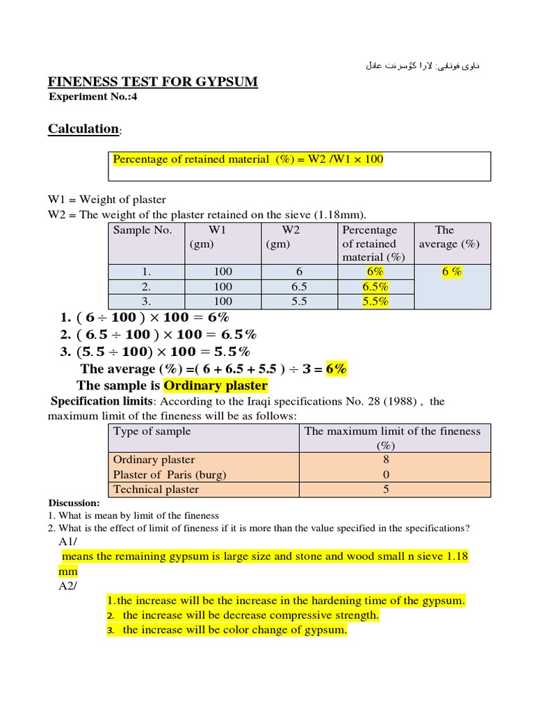 Fineness Test Results for Gypsum | PDF | Teaching Methods & Materials