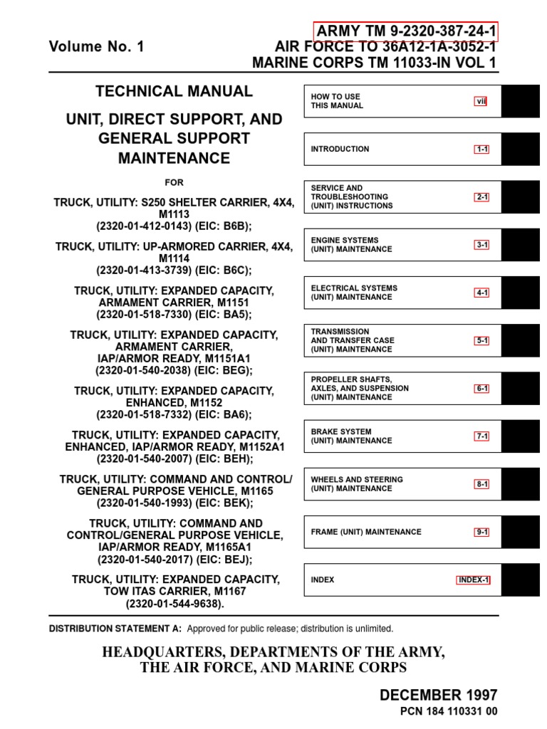 HMMWV TM 9-2320-387-24-1 Maintenance Vol 1 PDF | PDF | Humvee | Exhaust Gas