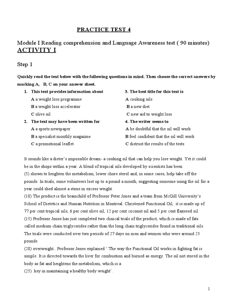 Activity I: Practice Test 4 Module I Reading Comprehension and Language ...