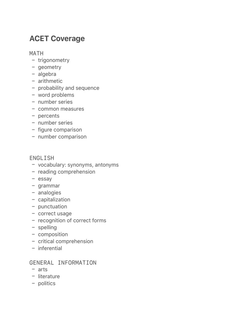 ACET Coverage PDF | PDF | Language Arts & Discipline