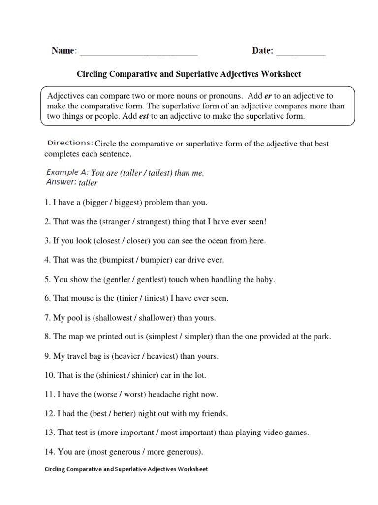 Comparative And Superlative Adjective Worksheets