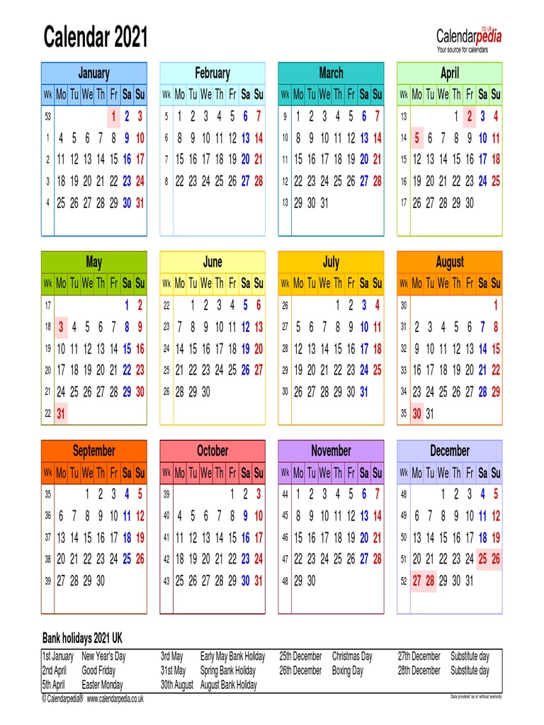 Calendar 2021 Landscape Year at A Glance in Colour | PDF | Holidays ...