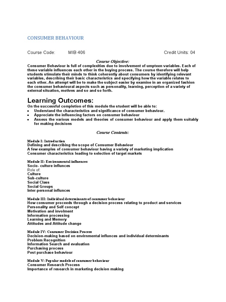 CONSUMER BEHAVIOUR Syllabus | PDF | Consumer Behaviour | Behavior