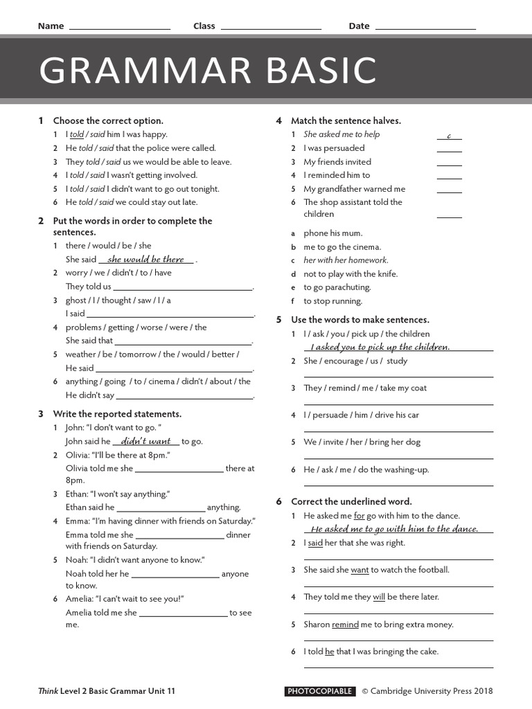 Grammar Basic: Name Class Date | PDF