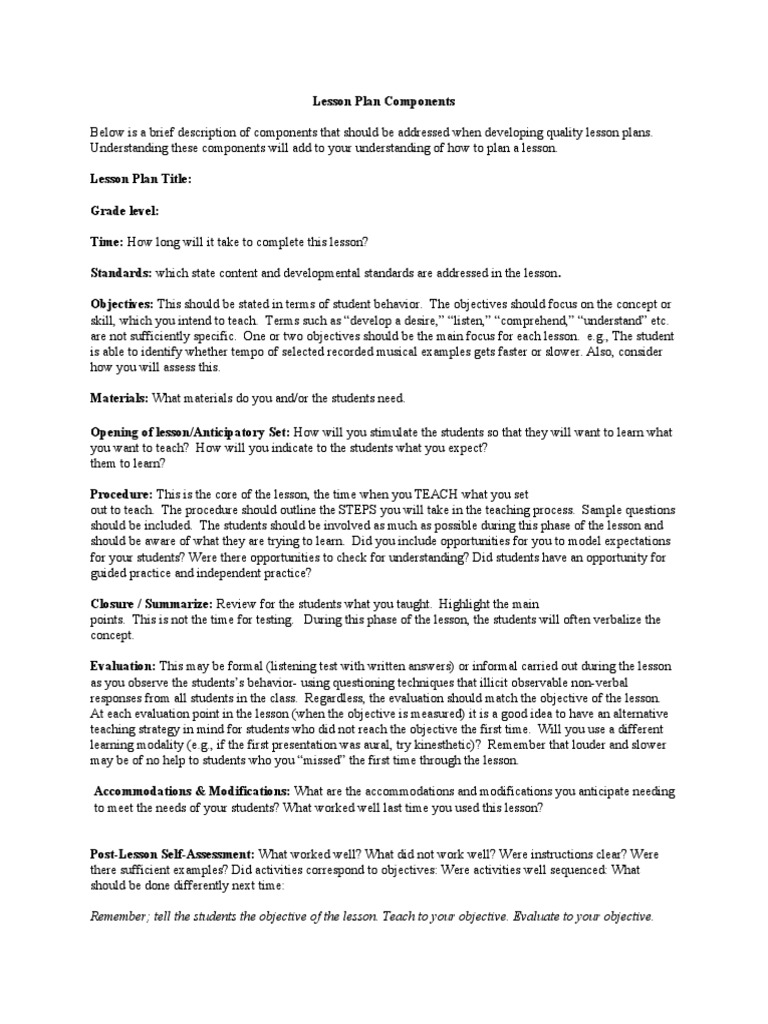 Lesson Plan Components | PDF | Lesson Plan | Cognition