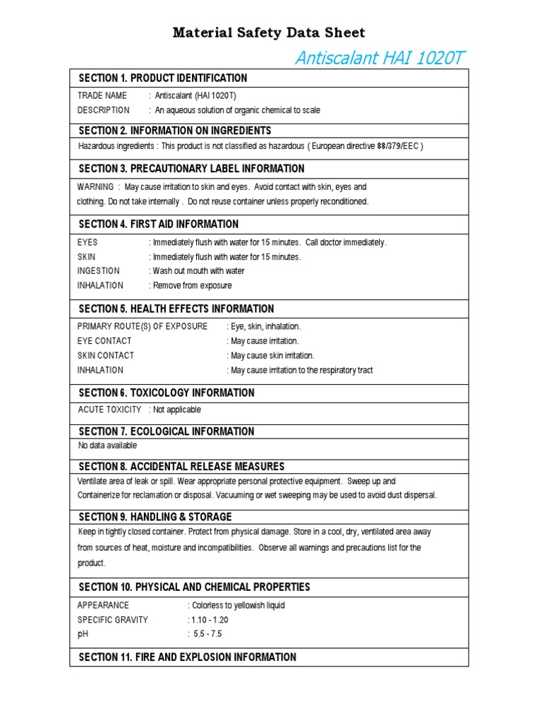 MSDS Antiscalant HAI 1020T | PDF | Personal Protective Equipment | Waste Management