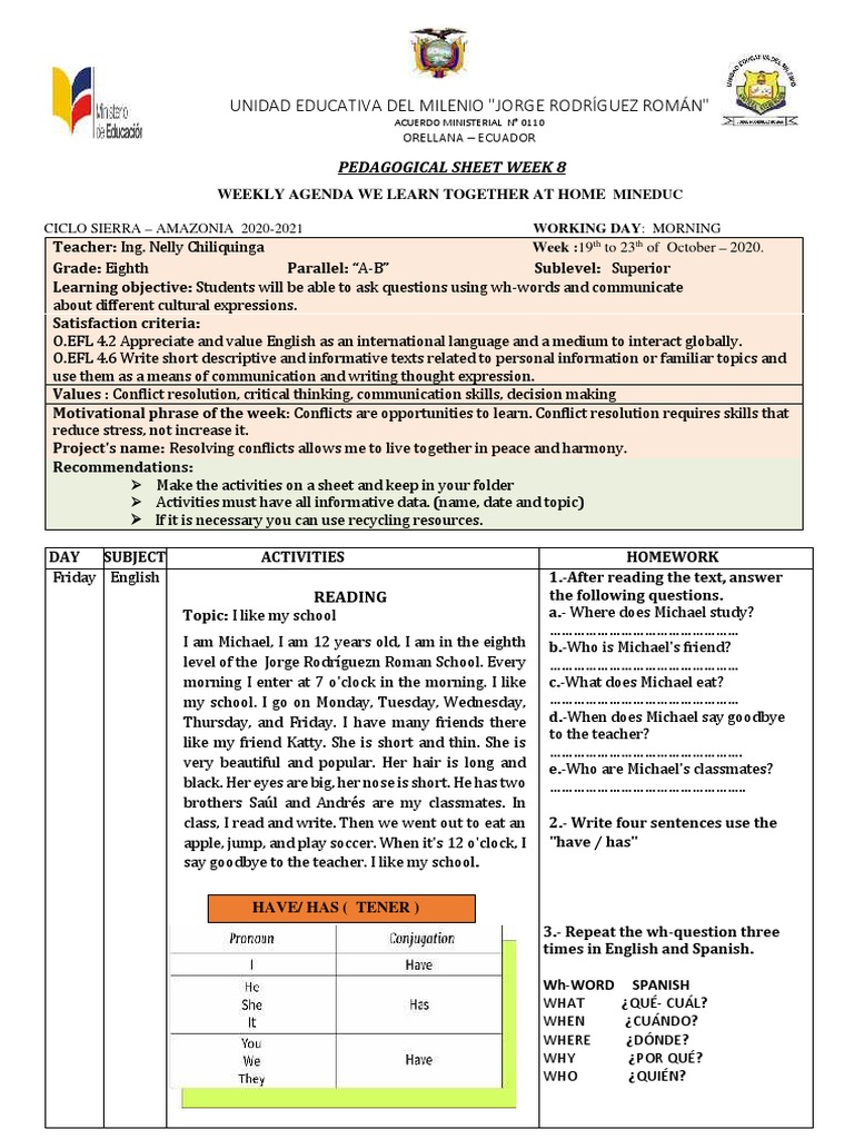 Unidad Educativa Del Milenio "Jorge Rodríguez Román": Pedagogical Sheet Week 8 | PDF | Behavior ...