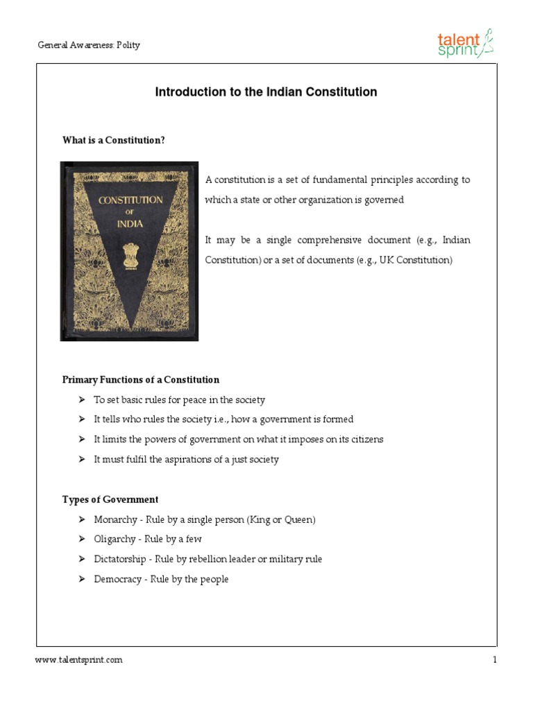 Introduction To The Indian Constitution: What Is A Constitution? | PDF ...