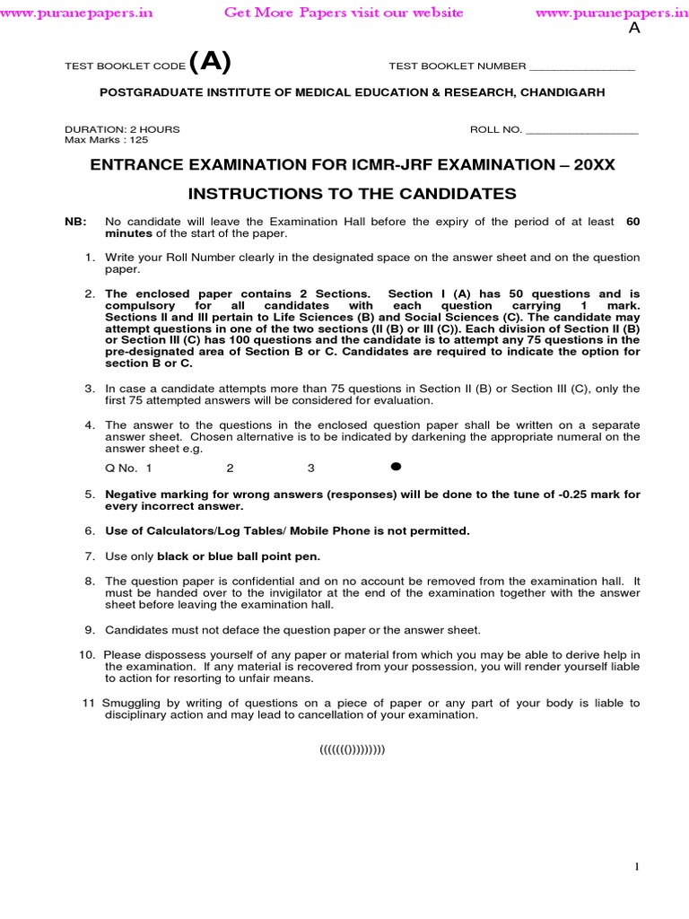 Instructions To The Candidates: Entrance Examination For Icmr-Jrf ...