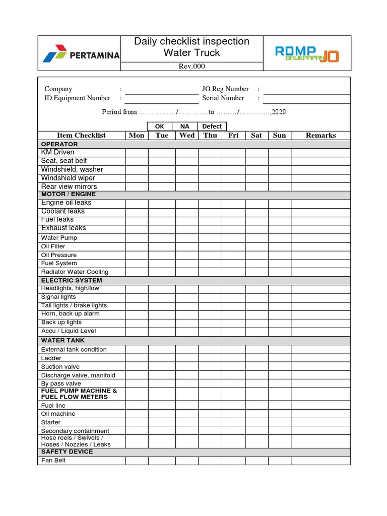 Daily Checklist Water Truck | PDF