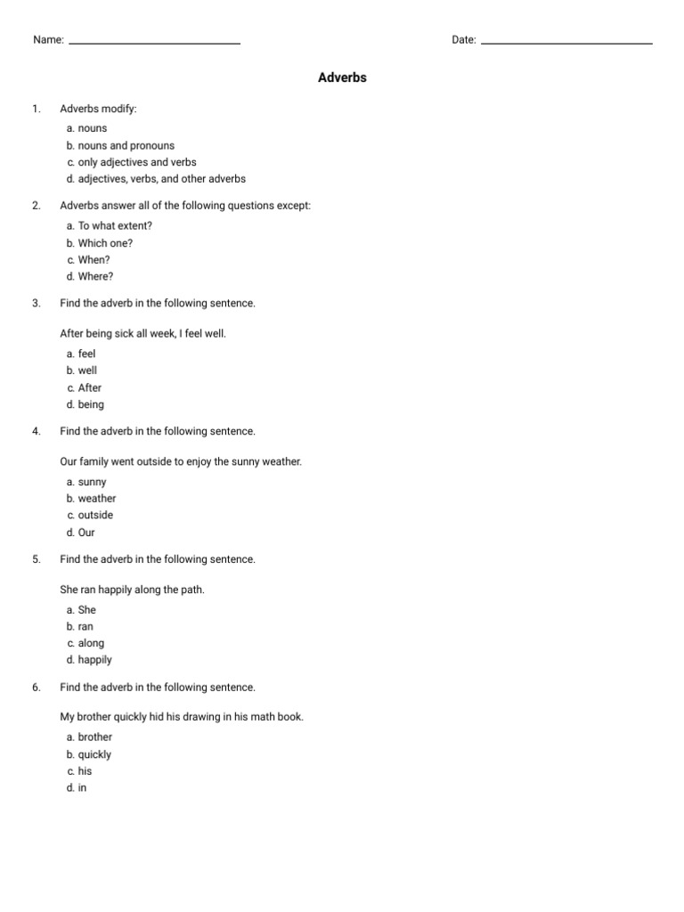Adverbs (Grade 8) - Free Printable Tests and Worksheets PDF | PDF