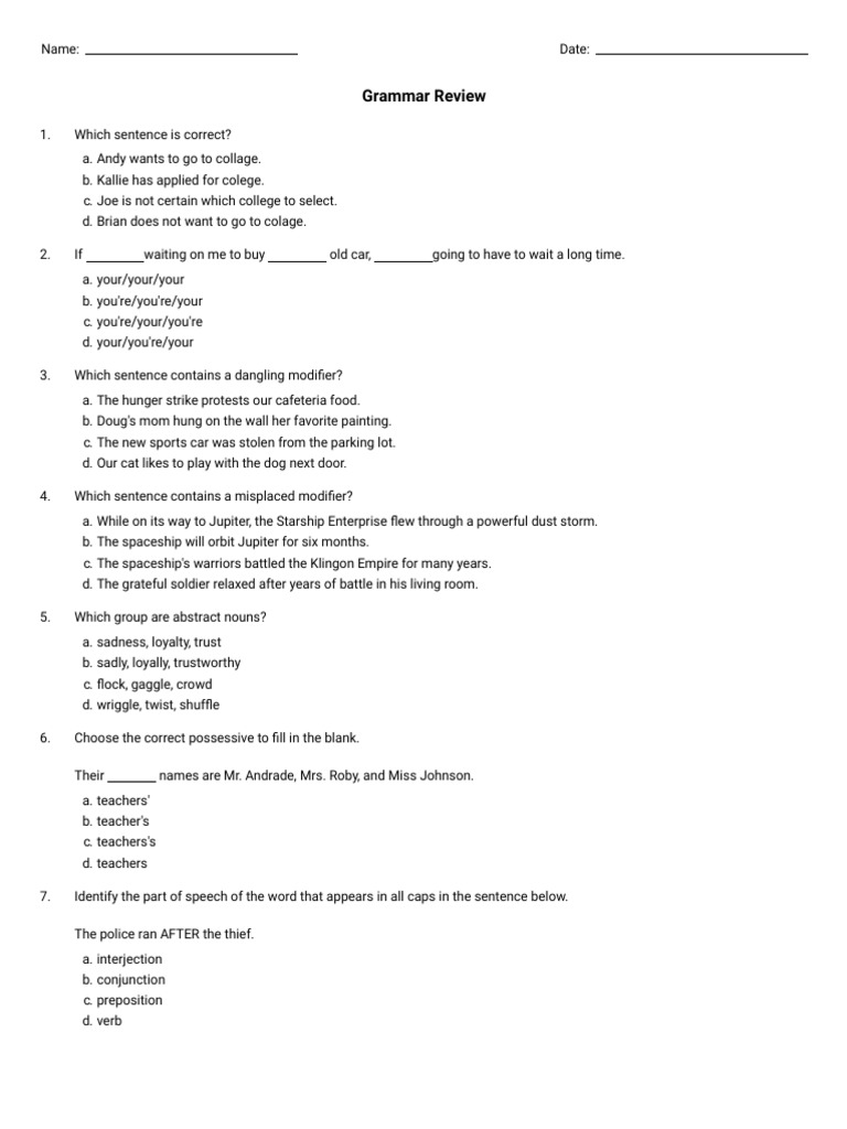 Grammar Review (Grade 8) - Free Printable Tests and Worksheets PDF ...