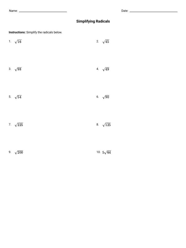 Simplifying Radicals Worksheet | PDF