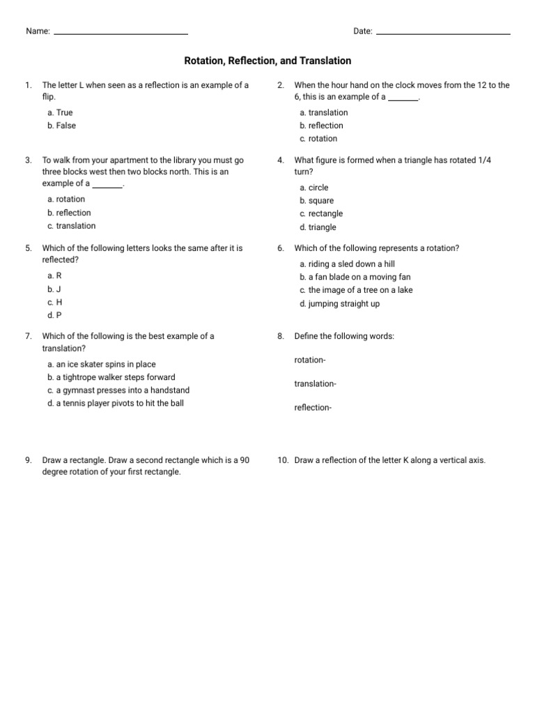 Rotation, Reflection, and Translation (Grade 8) - Free Printable Tests ...