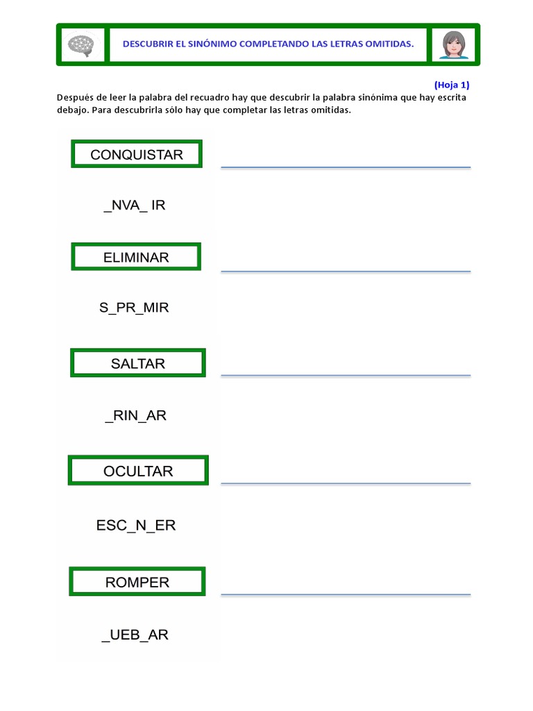 Ejercicio de sinónimos: Descubrir palabras relacionadas completando ...